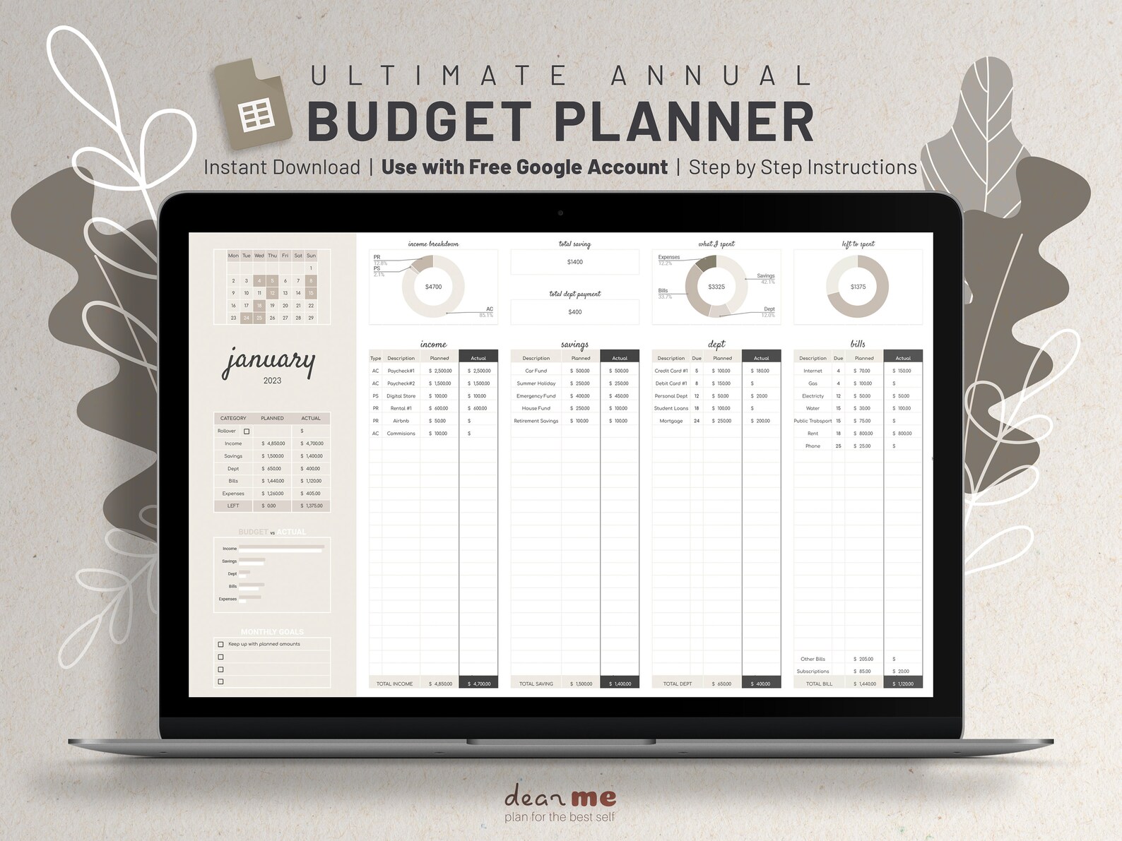 Ultimate Annual Budget Planner Spreadsheet, Neutral Color Financial ...