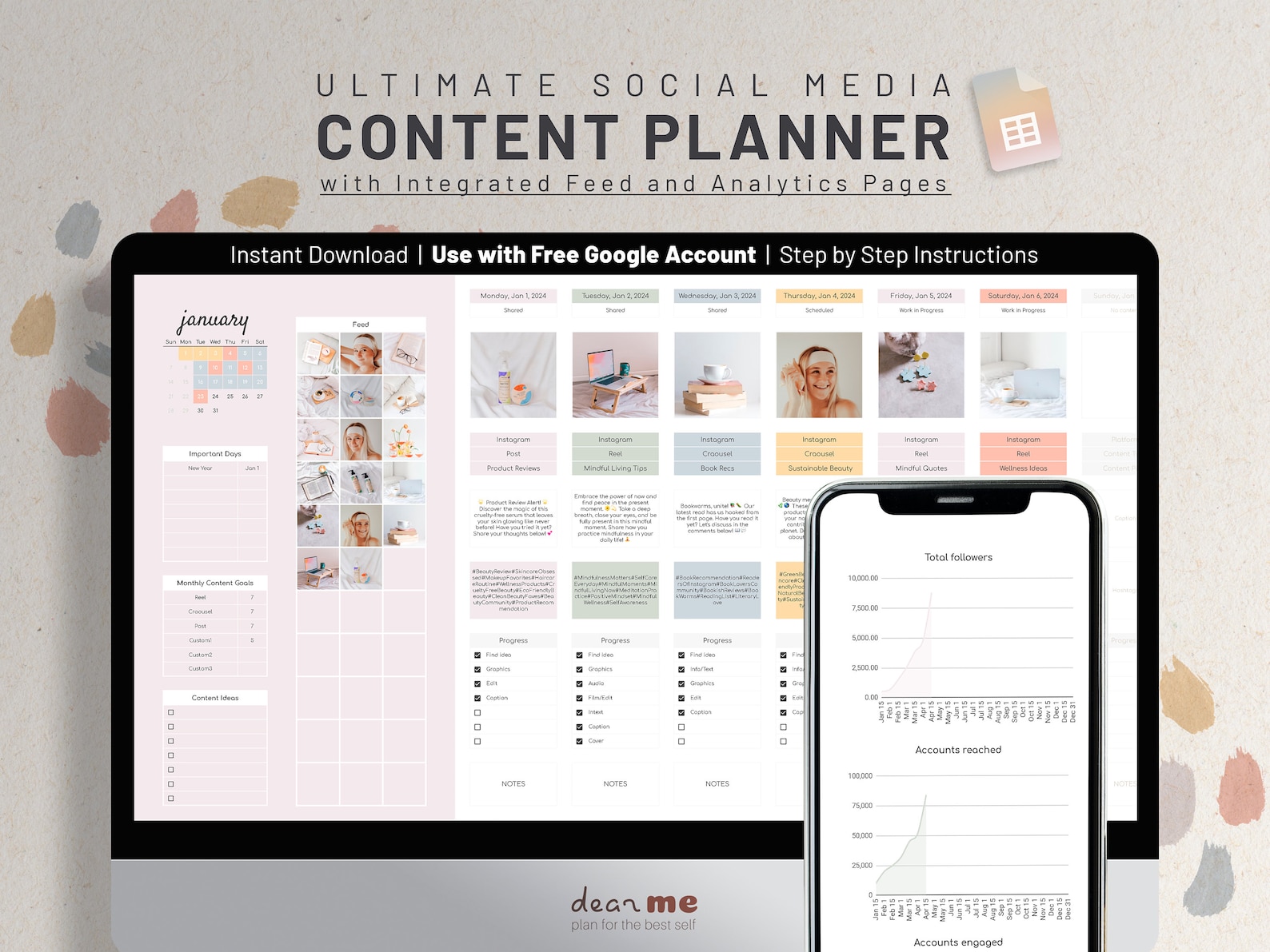 Social Media Content Planner & Calendar Template With Analytics, Yearly ...