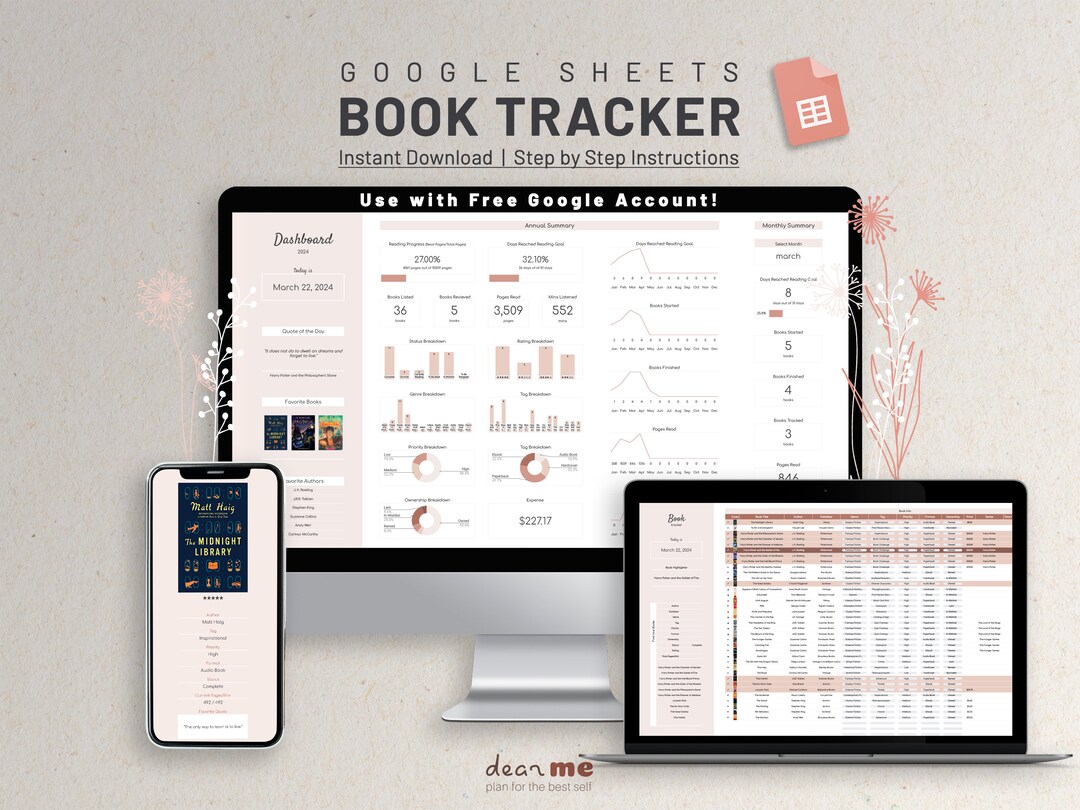 Google Sheets Book Tracker Spreadsheets, Blush Reading Log, Digital ...