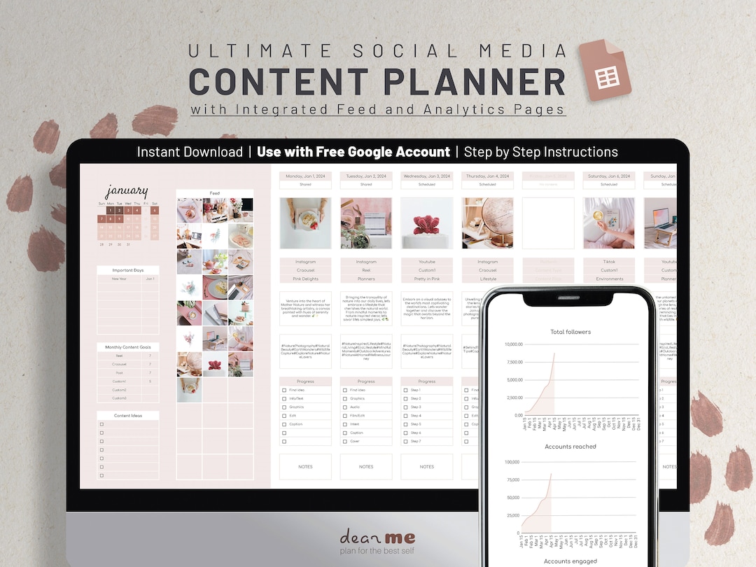 Social Media Planner Spreadsheet, Pink Google Sheets Content Calendar ...