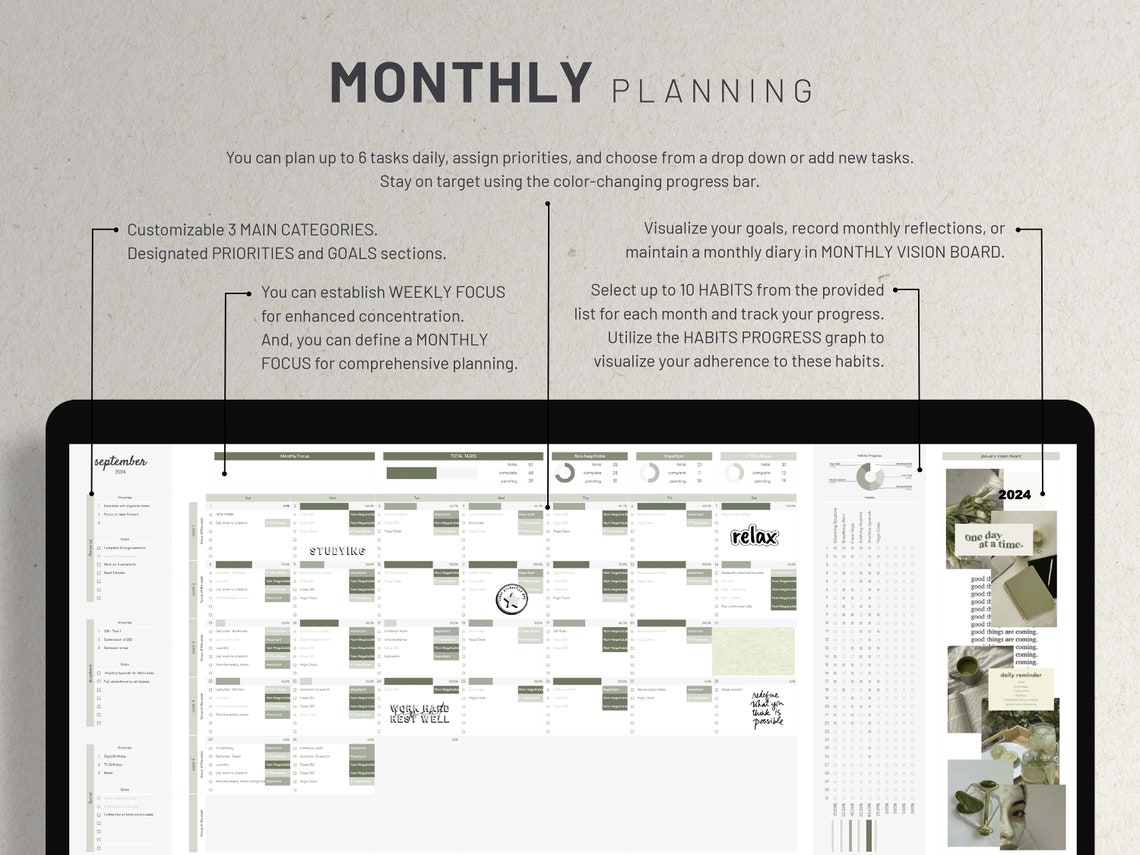 Google Sheets Monthly Calendar and Planner, Digital Planner Spreadsheet ...