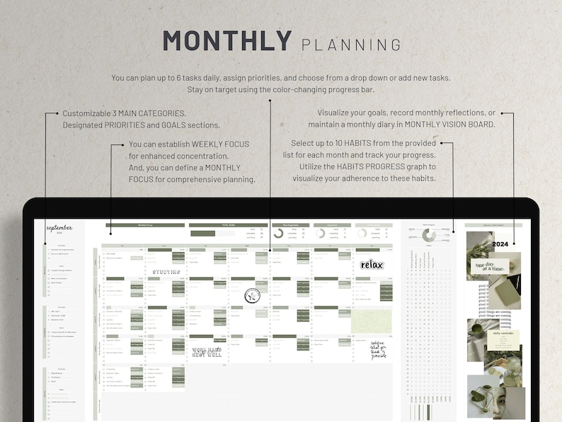 Google Sheets Monthly Calendar and Planner, Digital Planner Spreadsheet ...