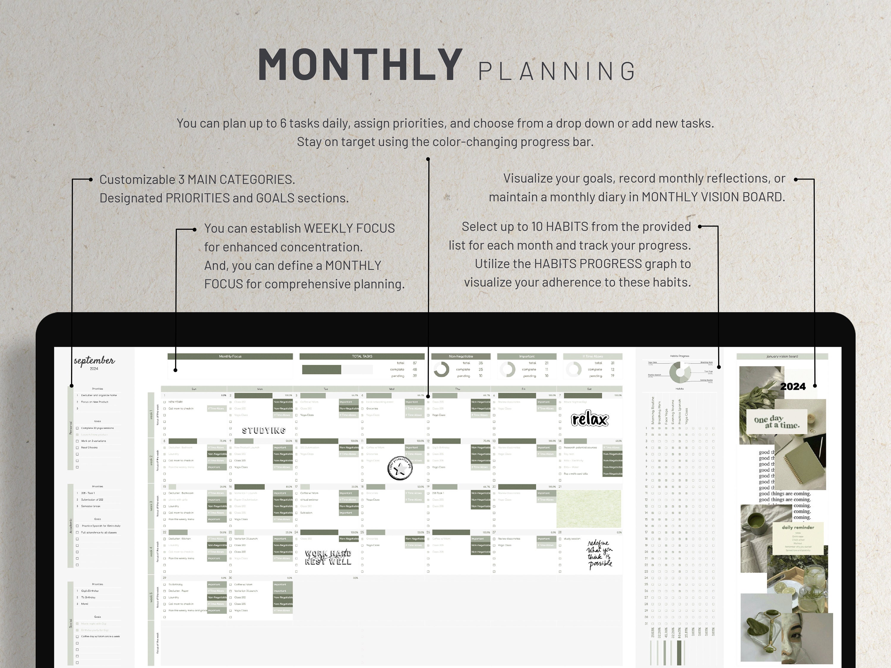 Google Sheets Monthly Calendar and Planner, Digital Planner Spreadsheet ...