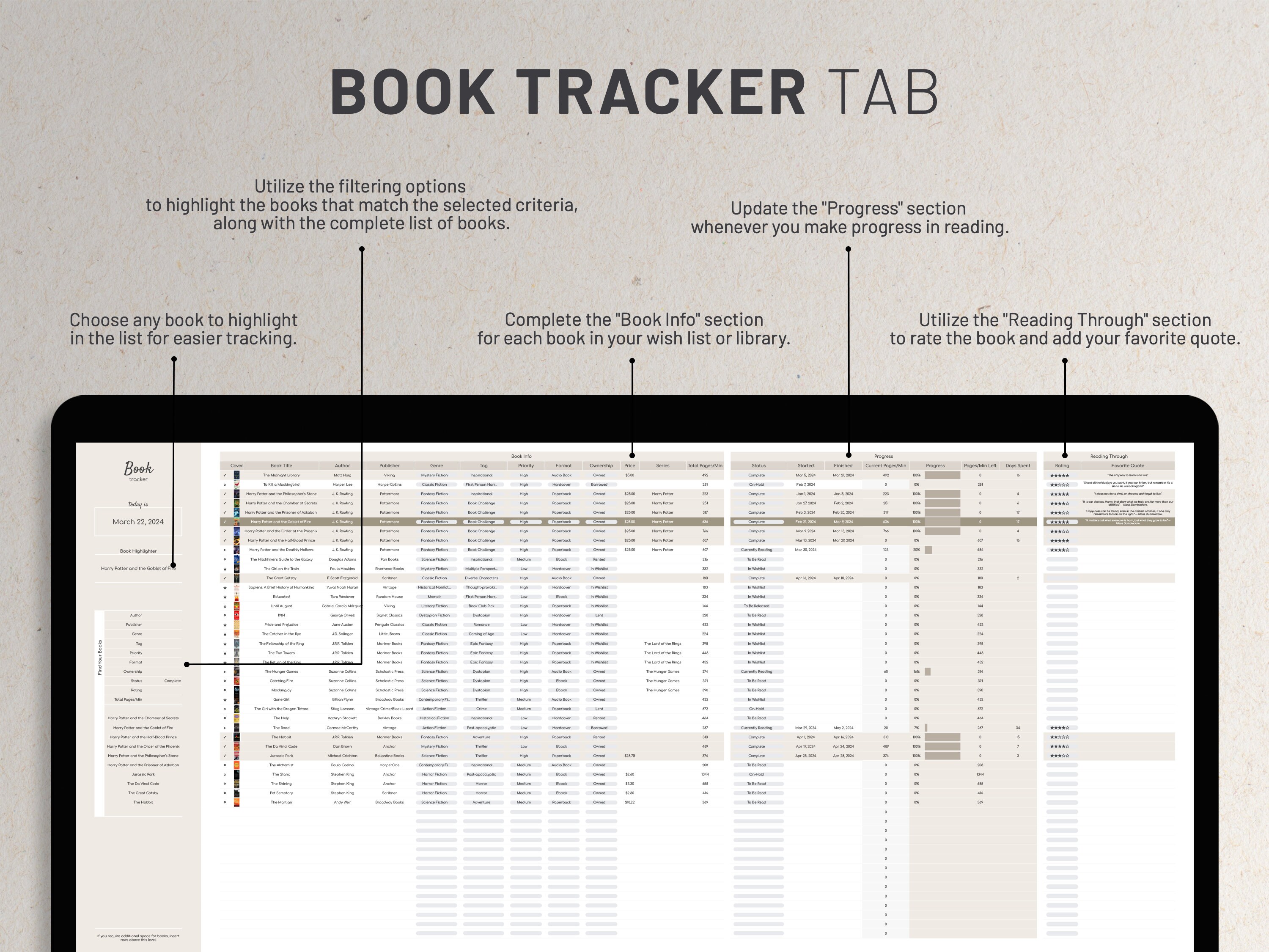 Google Sheets Book Tracker Spreadsheets, Neutral Colors Reading Log ...