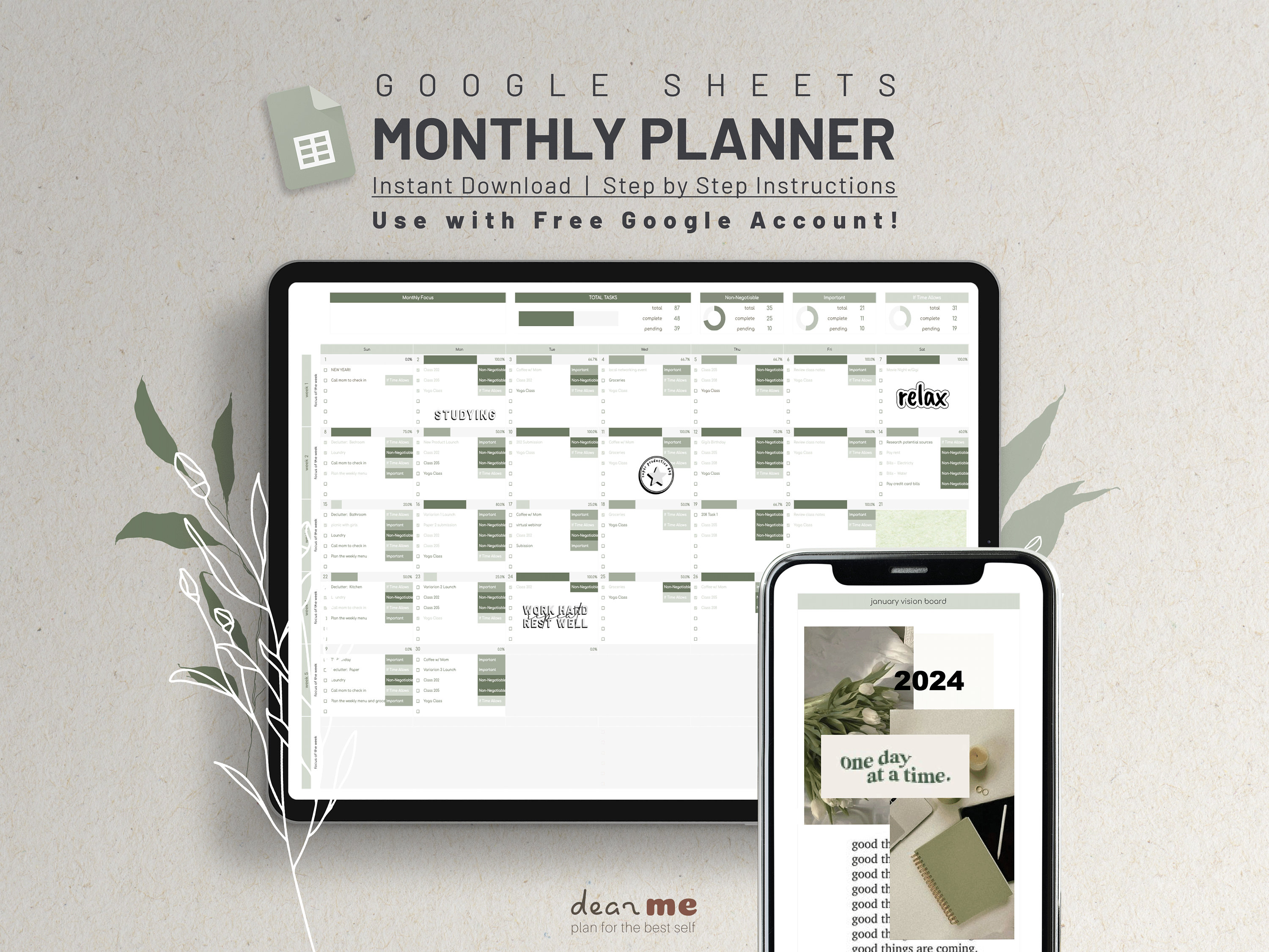 Google Sheets Monthly Calendar and Planner, Digital Planner Spreadsheet ...