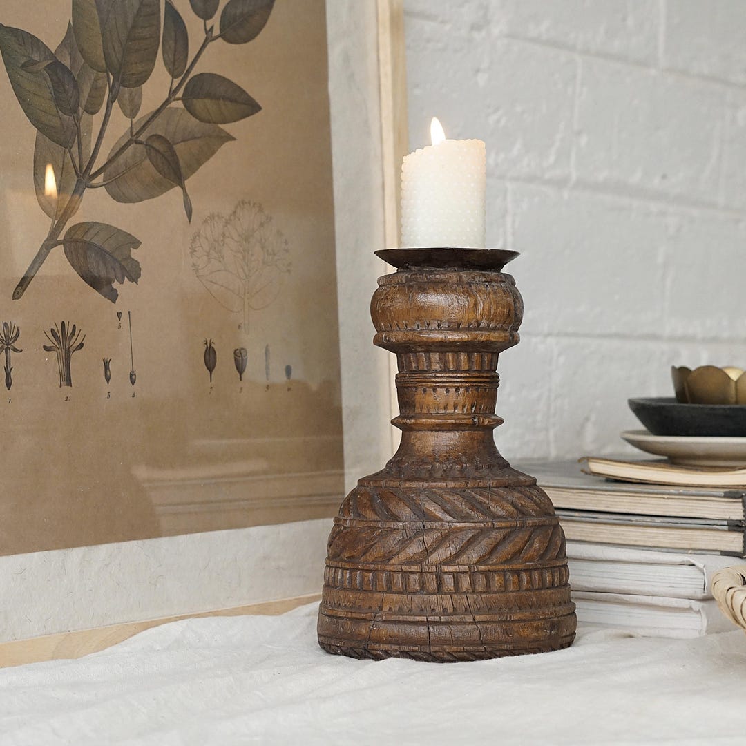 Vintage Wood Candle Holders. Rustic Carved Wood Candle Holder ...