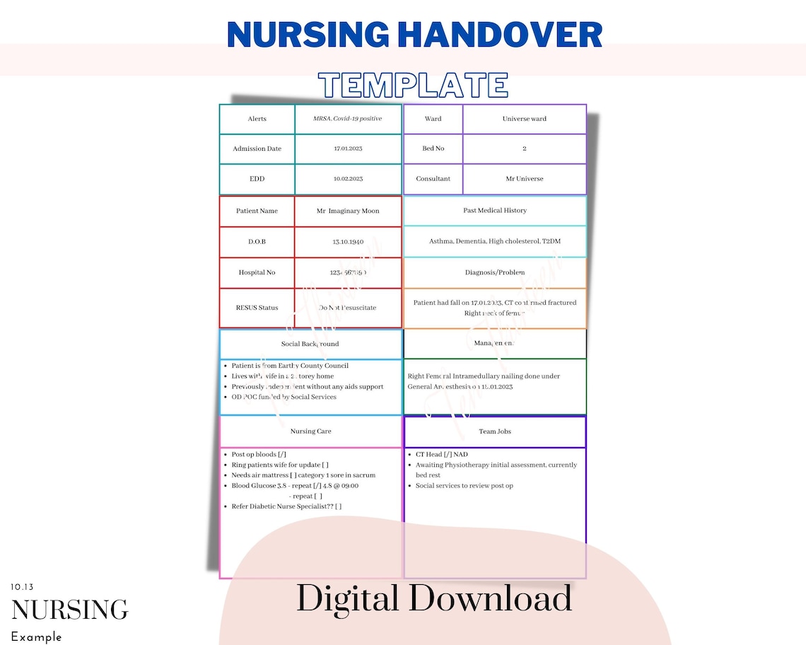 Nursing Handover Template, Bedside Handover Sheet, Clinical Nursing ...