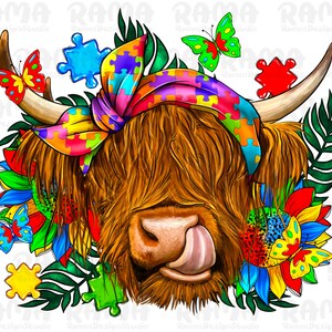 Autism Highland Cow Png, Highland Cow Autism Awareness PNG Sublimation ...