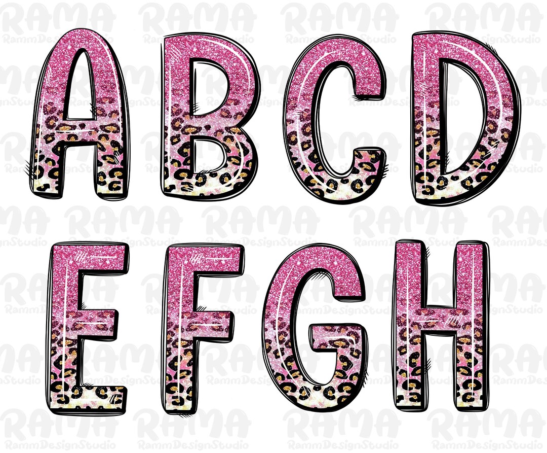 Pink Glitter Leopard Doodle Alphabet Letters PNG Bundle,leopard Print ...