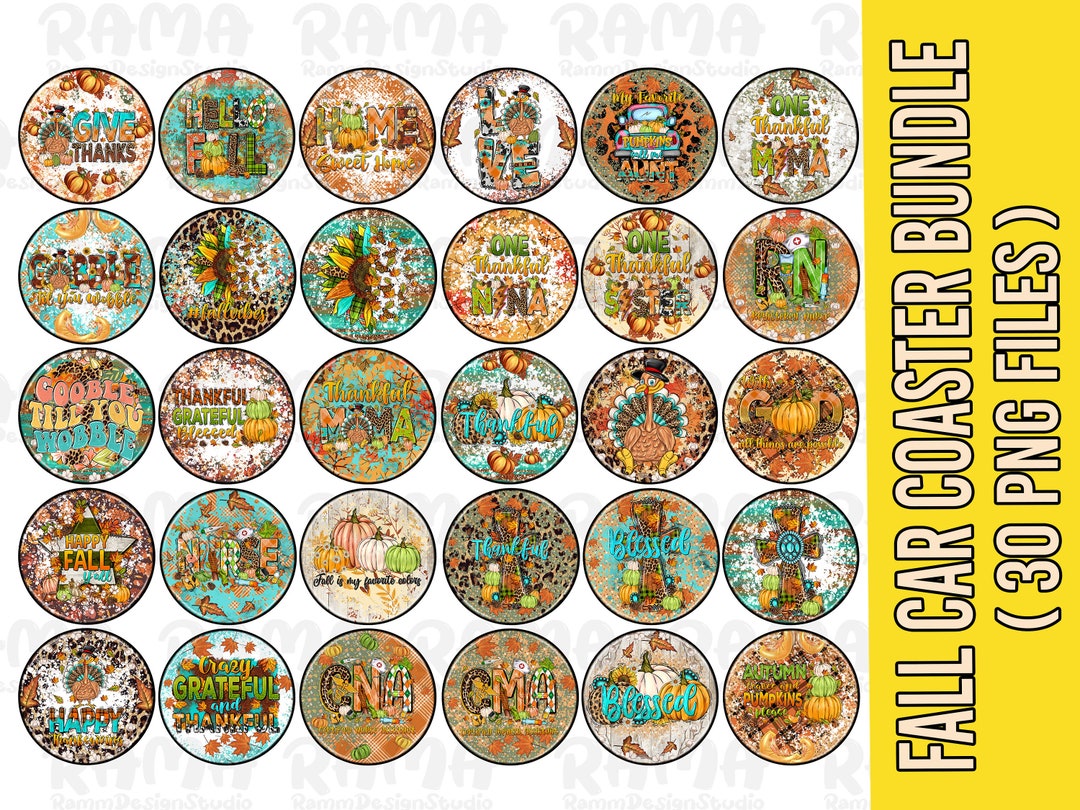 Fall Car Coaster Bundle Templates Design Bundle Cow PNG, Pumpkin Round ...
