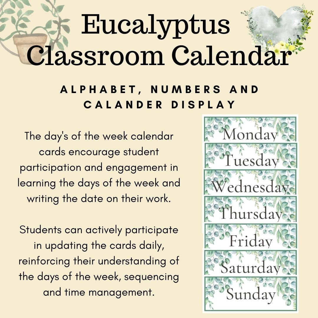 A Eucalyptus Themed Classroom Calendar Set With Upper and Lower Case ...