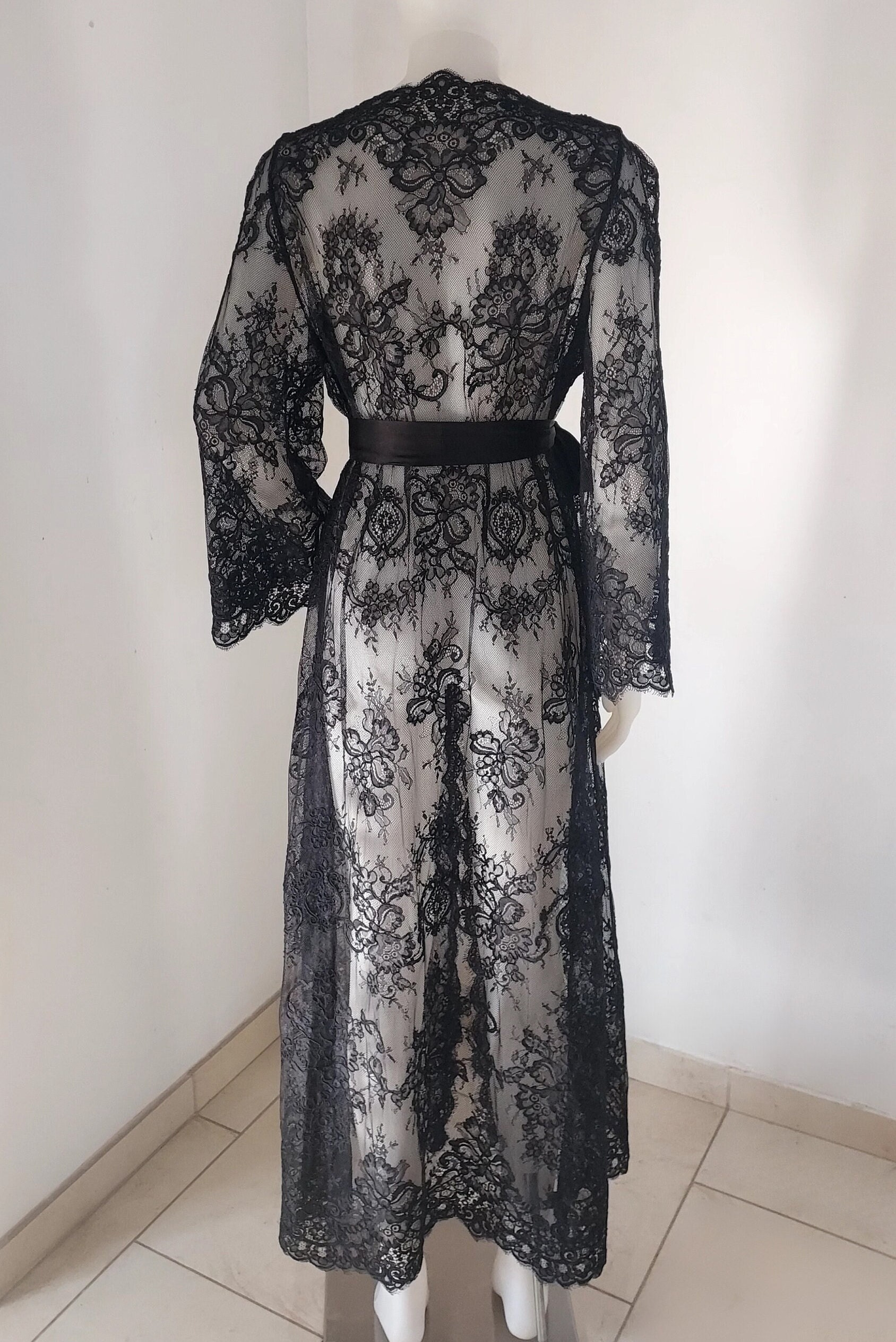 Long Black Lace Robe, Bridal Robe, Wedding Robe, Boudoir Lingerie ...