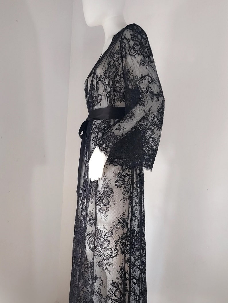 Long Black Lace Robe Bridal Robe Wedding Robe Boudoir Lingerie Brides Morning Robe Sheer