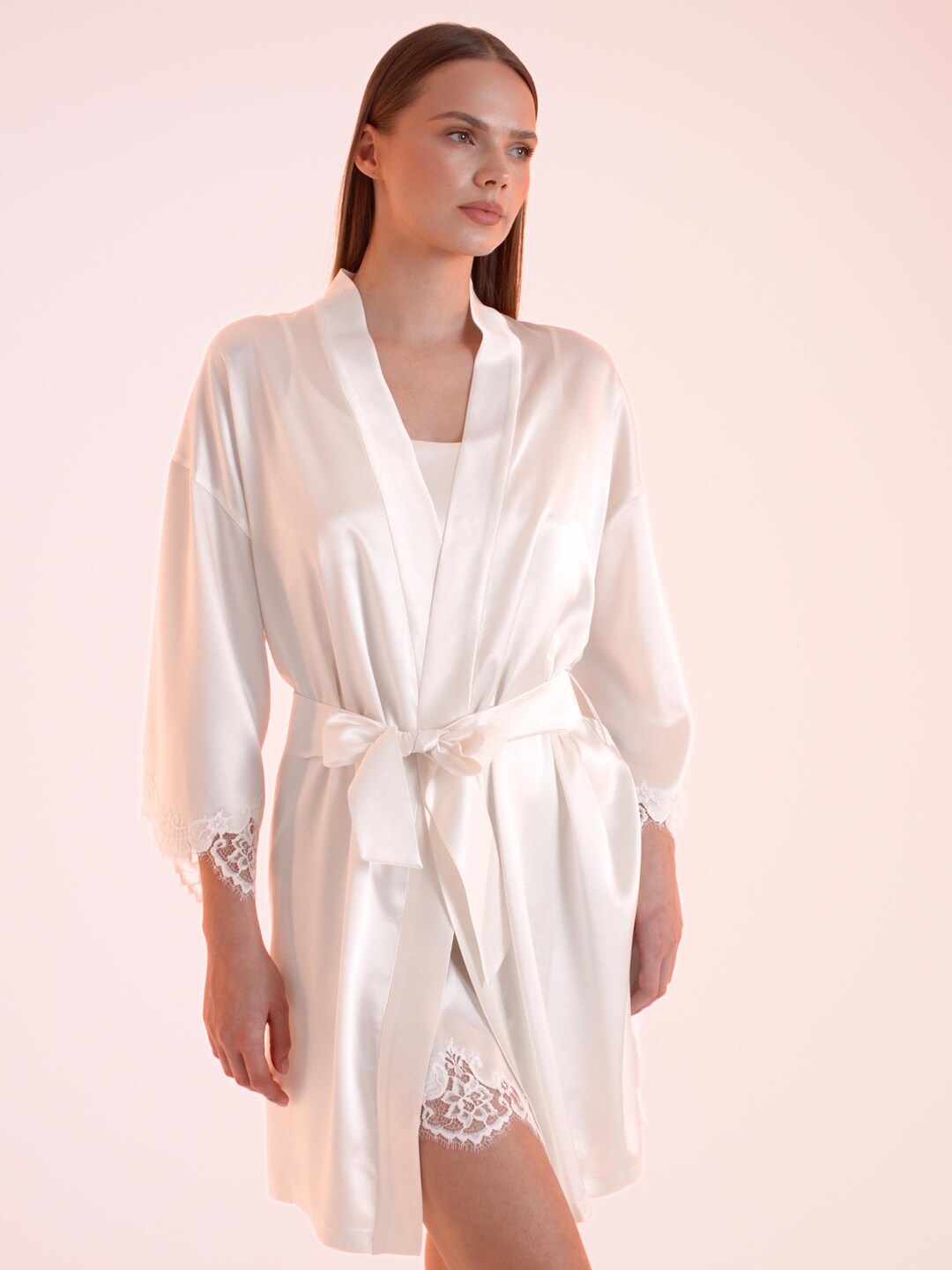 Luxury White Silk and Lace Robe, Short Silk Robe, Silk Satin Dressing ...