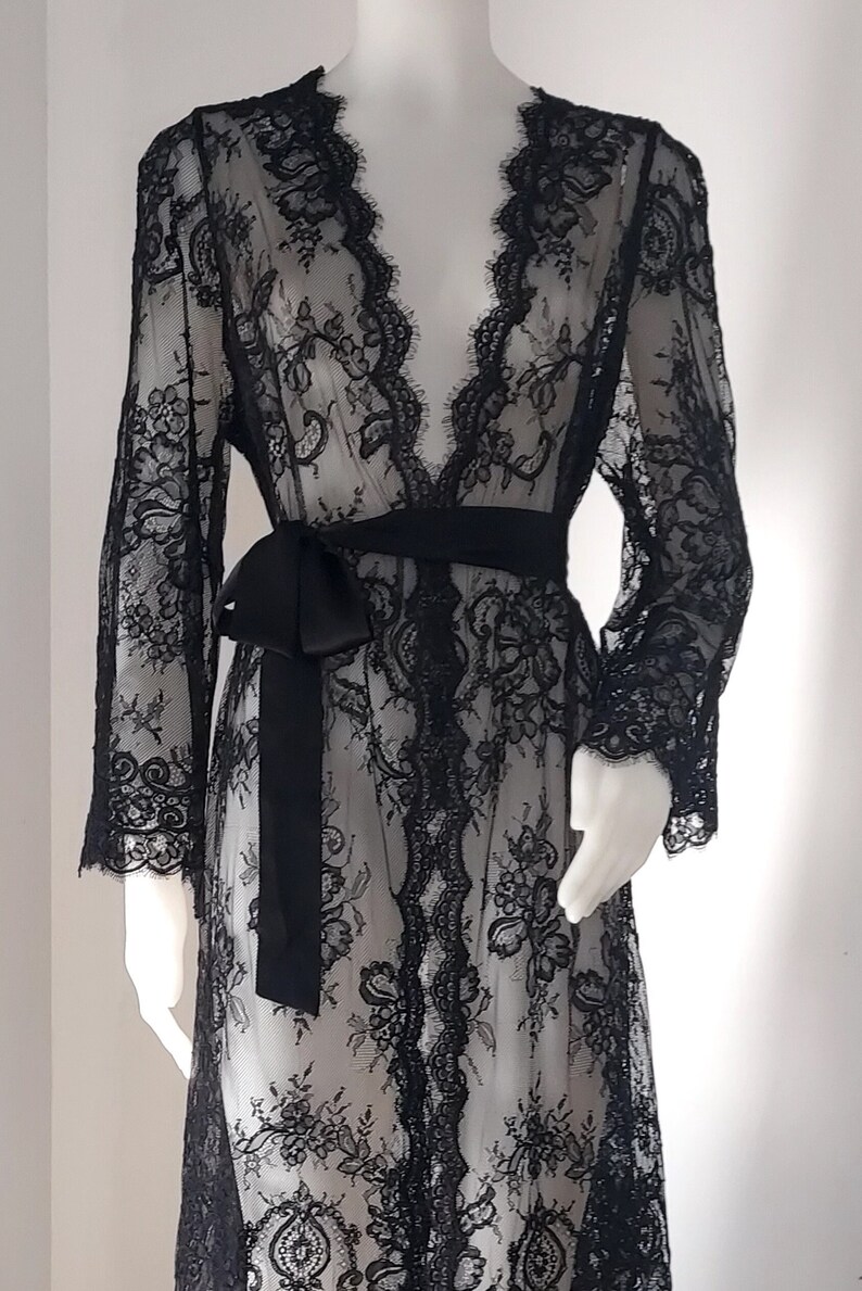 Long Black Lace Robe, Bridal Robe, Wedding Robe, Boudoir Lingerie ...