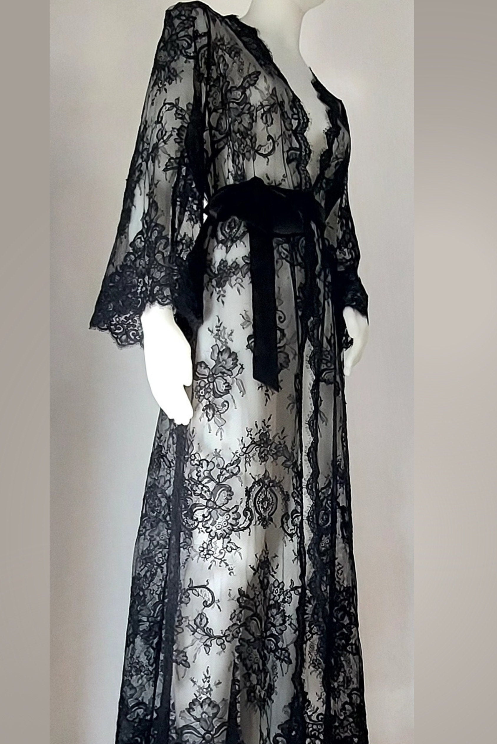 Long Black Lace Robe, Bridal Robe, Wedding Robe, Boudoir Lingerie ...