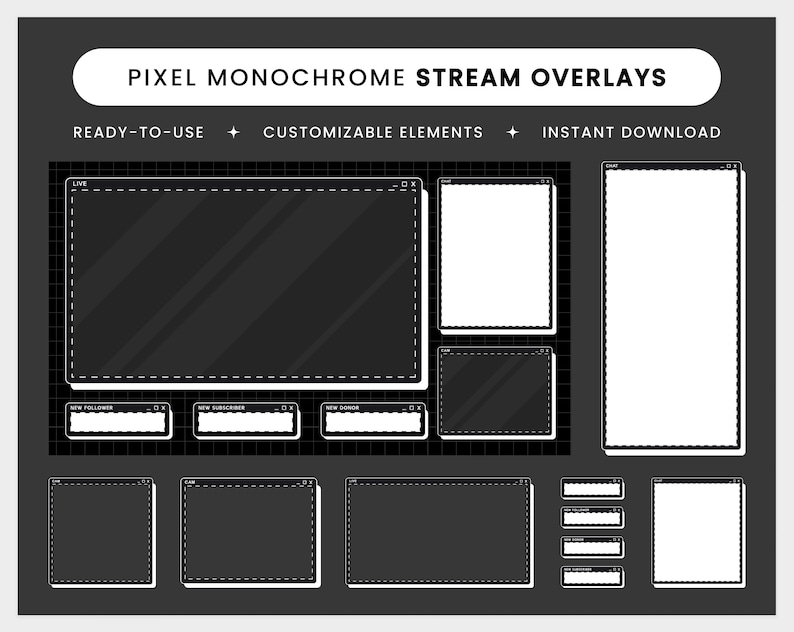 Pixel Monochrome Stream Overlay - Twitch Overlay Package, Customizable ...