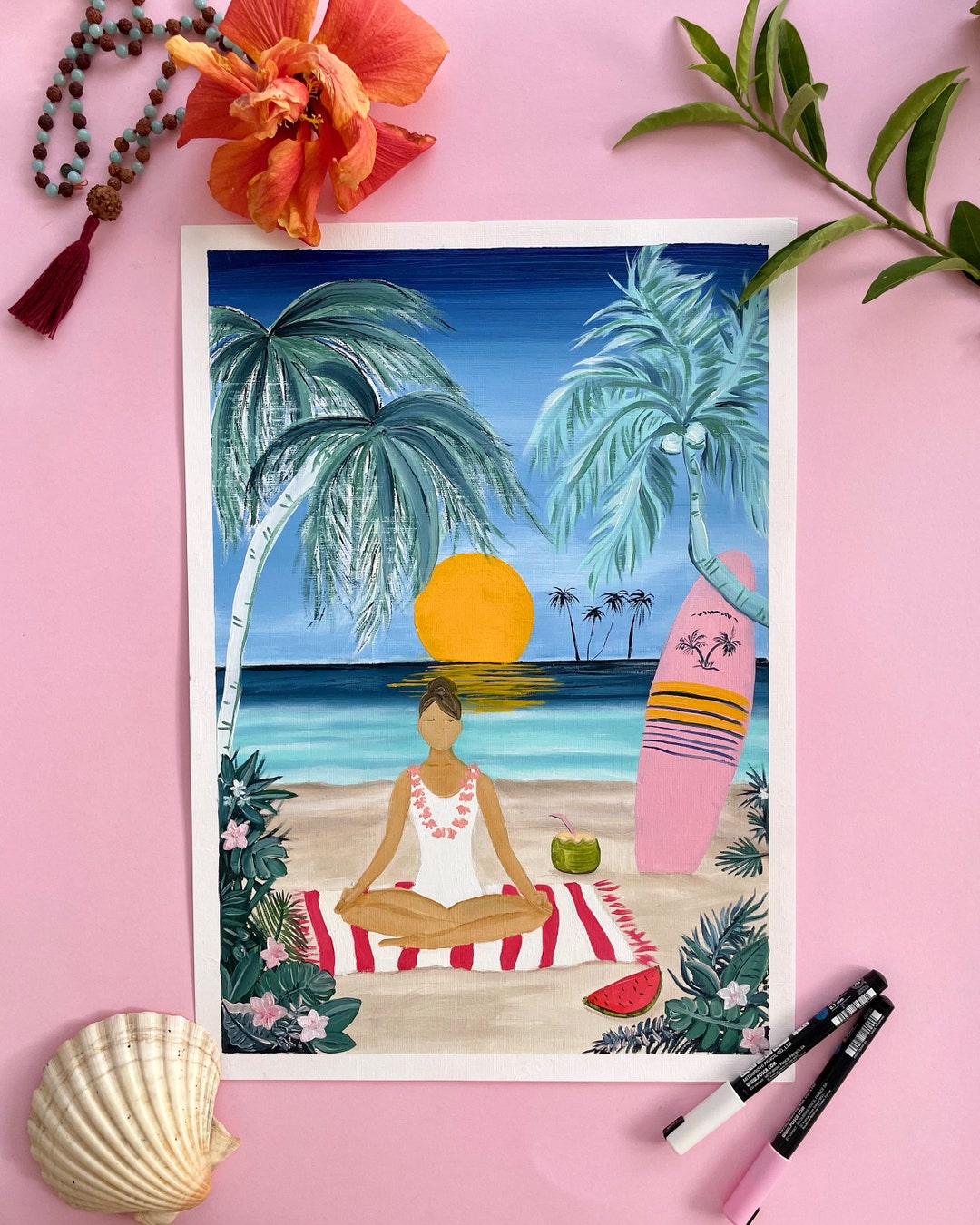Hawaii Sunset Original Oil Painting on A3 Paper | Hawaii Illustration ...
