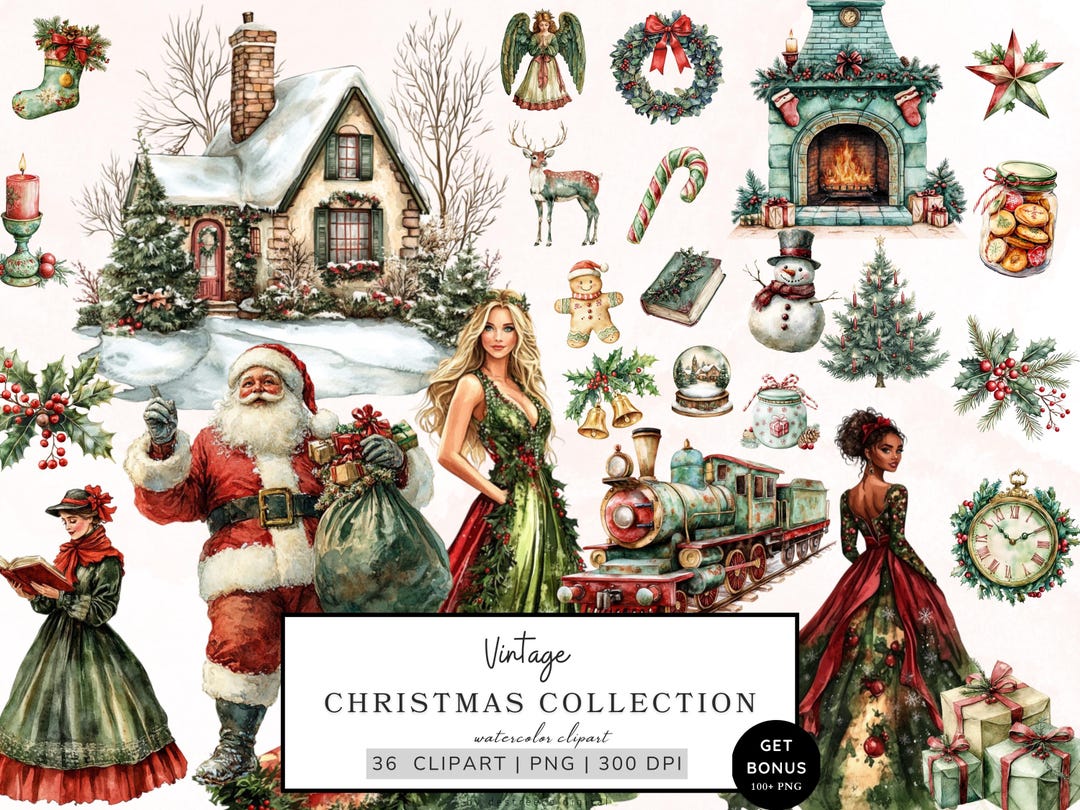 Christmas Clipart Bundle, Vintage Christmas Png, Santa Claus Png, Cozy ...