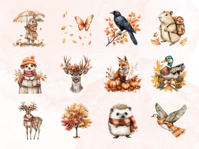 Autumn Animal Clipart, Fall Clipart, Cozy Fall Graphics, Cute Animals ...