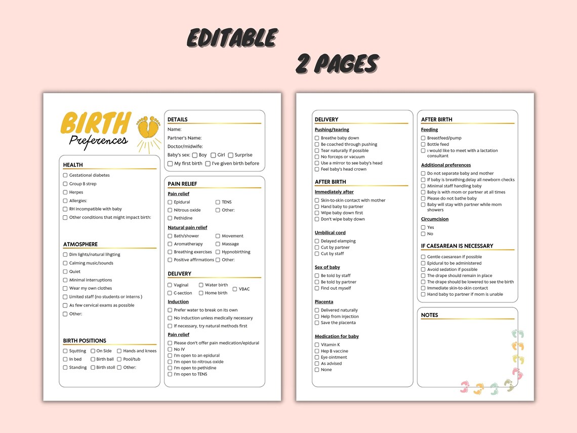 Editable Birth Plan Preference Birth Preference Template Canva Template ...