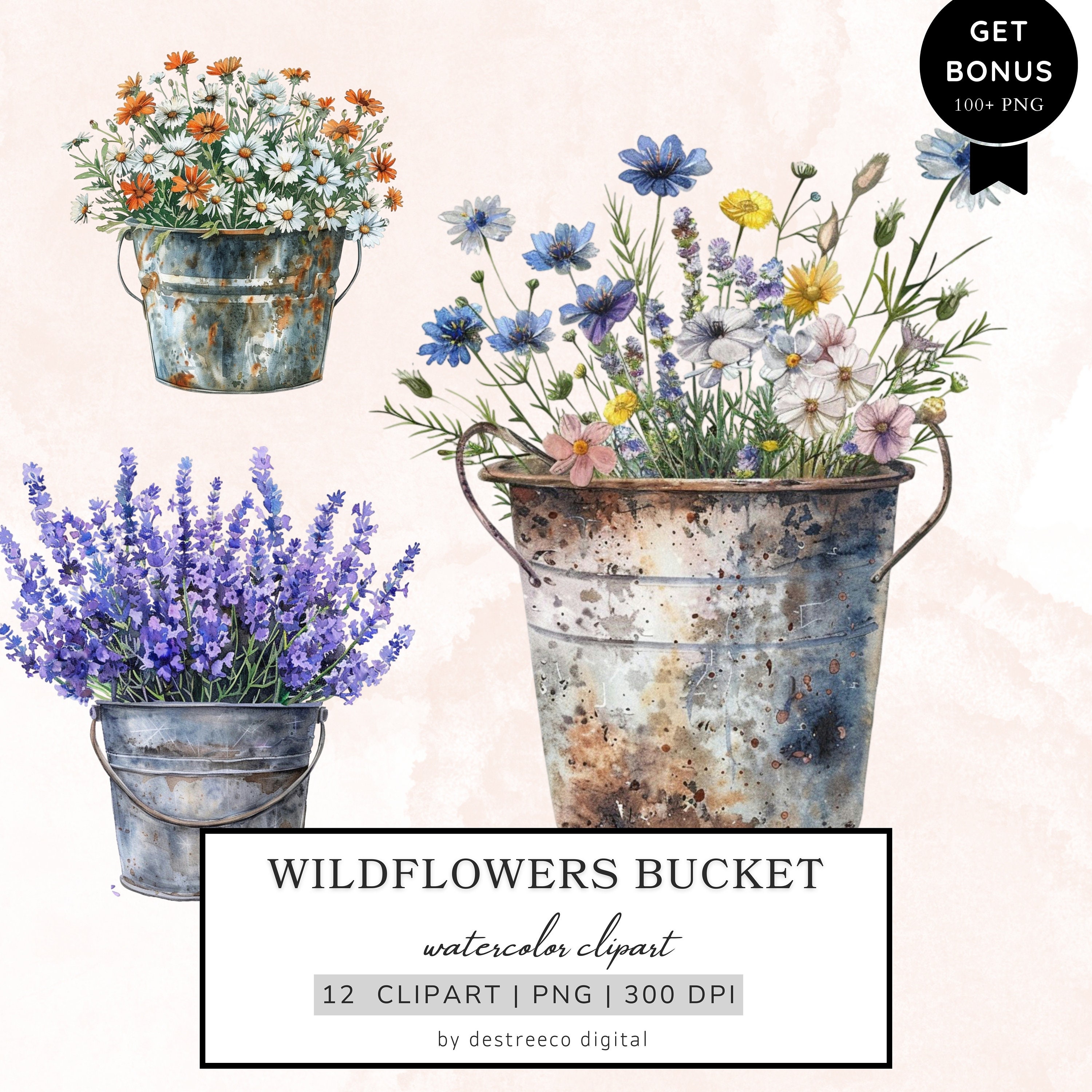 Watercolor Wildflowers Clipart Bundle, Bucket of Wildflowers Png ...