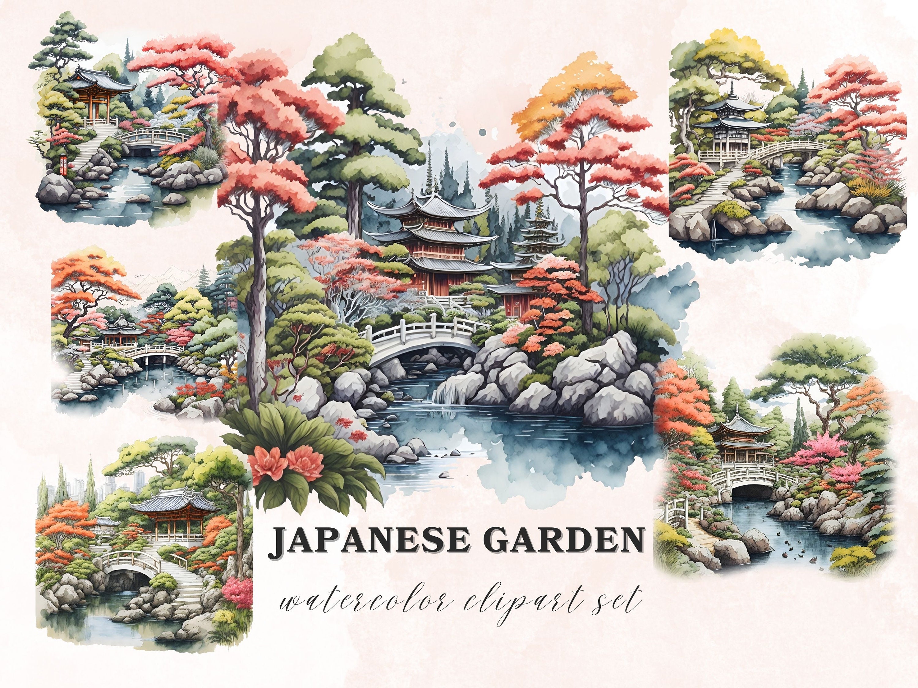 Japan Garden Clipart, Watercolor Clipart Bundle, 16 PNG Asian Landscape ...