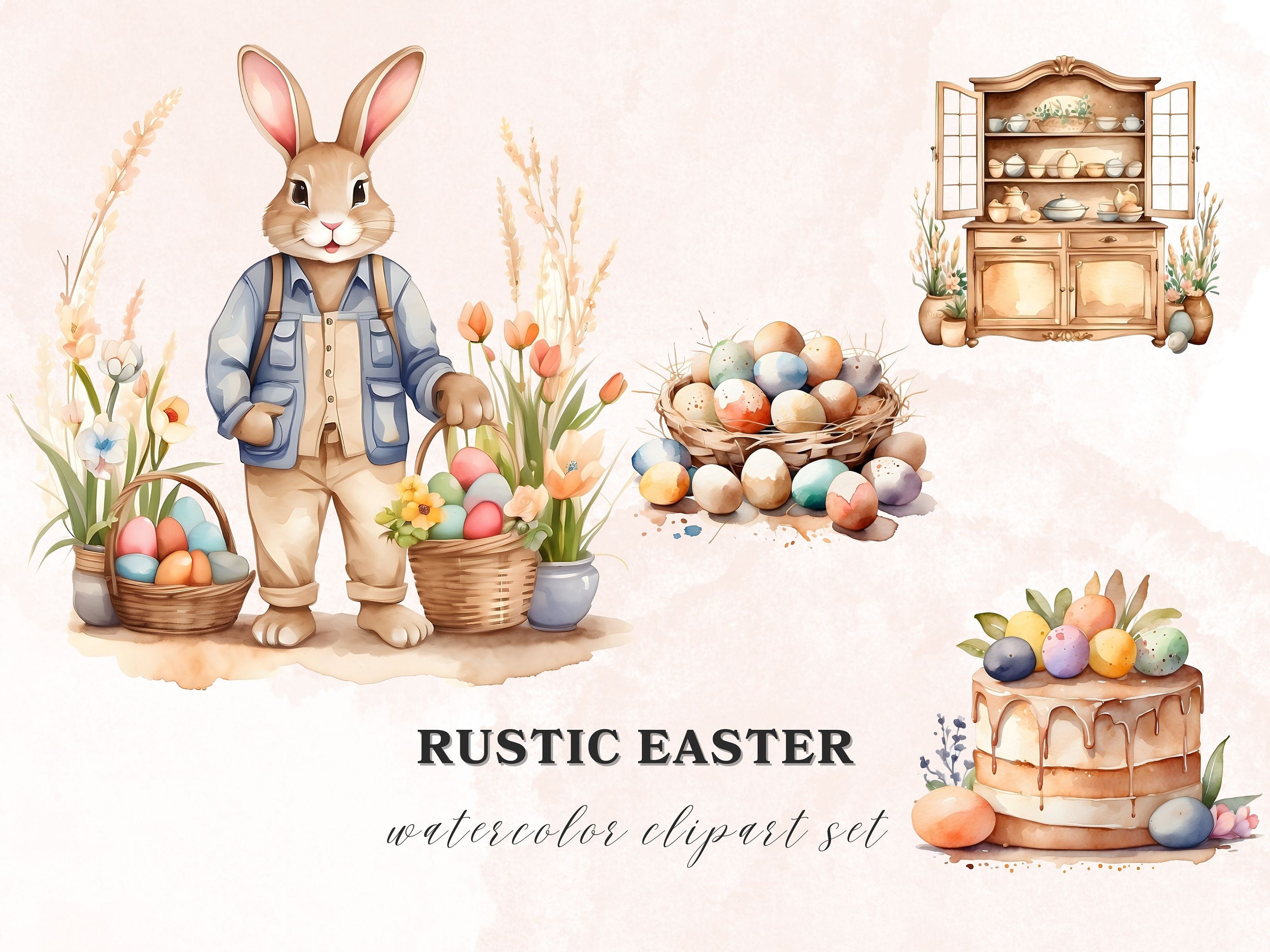 Rustic Easter Clipart, Watercolor Easter Clipart Bundle, Easter Bunny ...