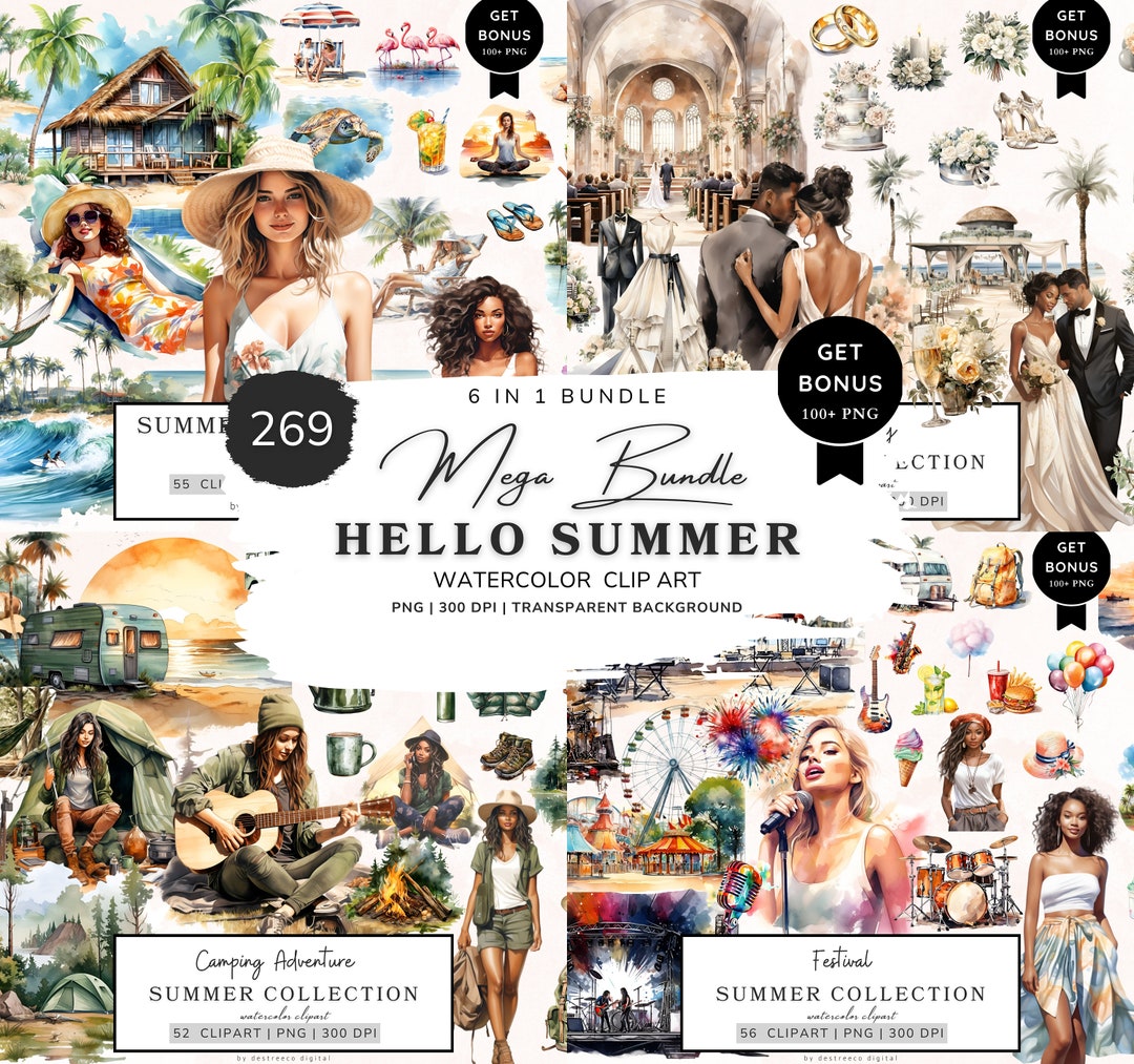 Hello Summer Clipart Bundle, Watercolor Summer Png Graphics, Holiday ...