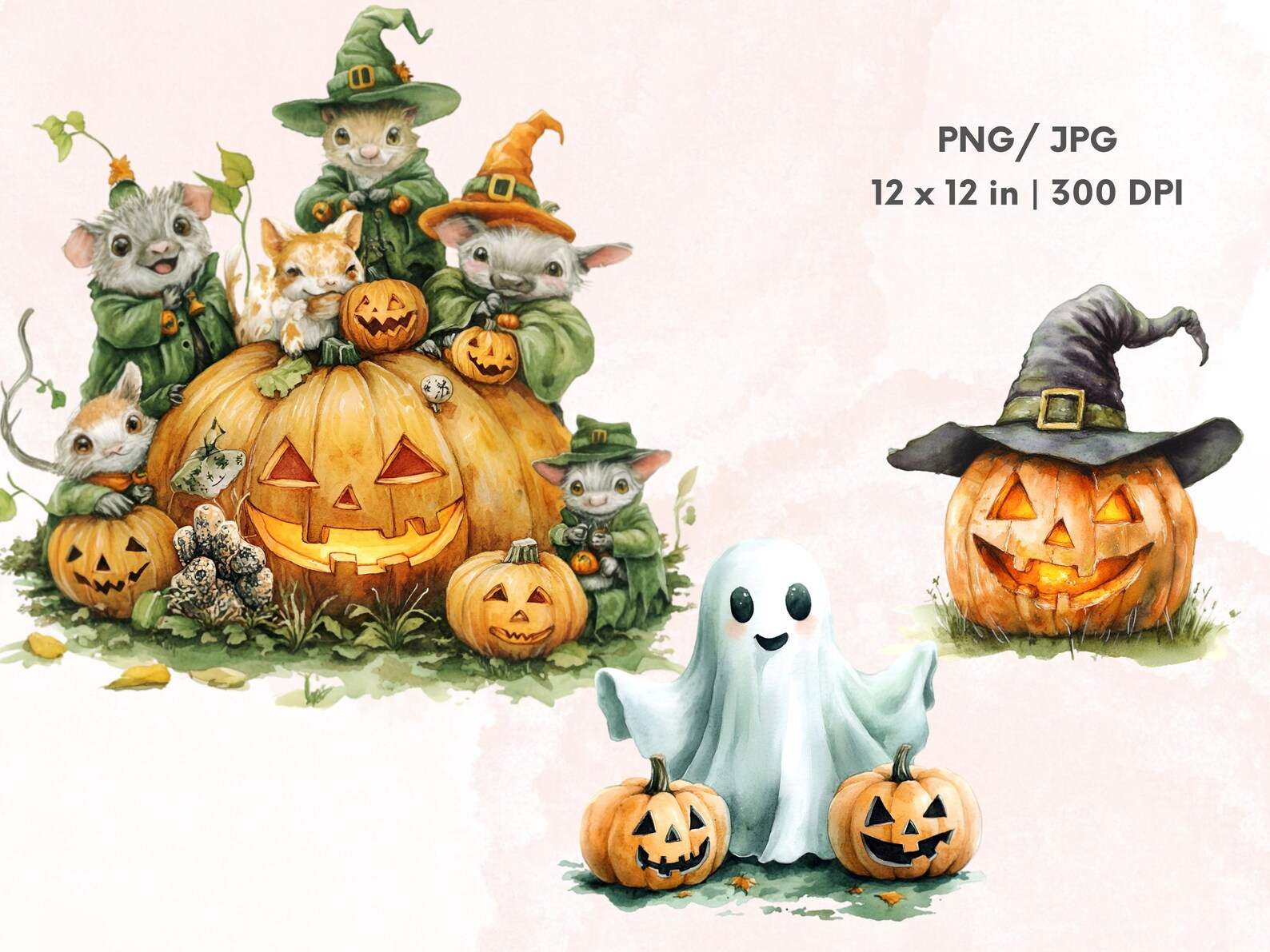 Watercolor Halloween Clipart, Pumpkin Patch Png Bundle, Cute Fall ...