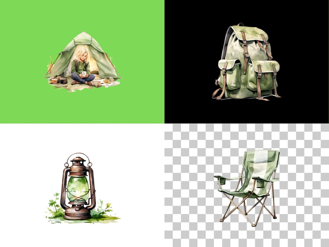 Watercolor Camping Clipart Bundle, Campfire Png Camping, Tent, Lantern ...