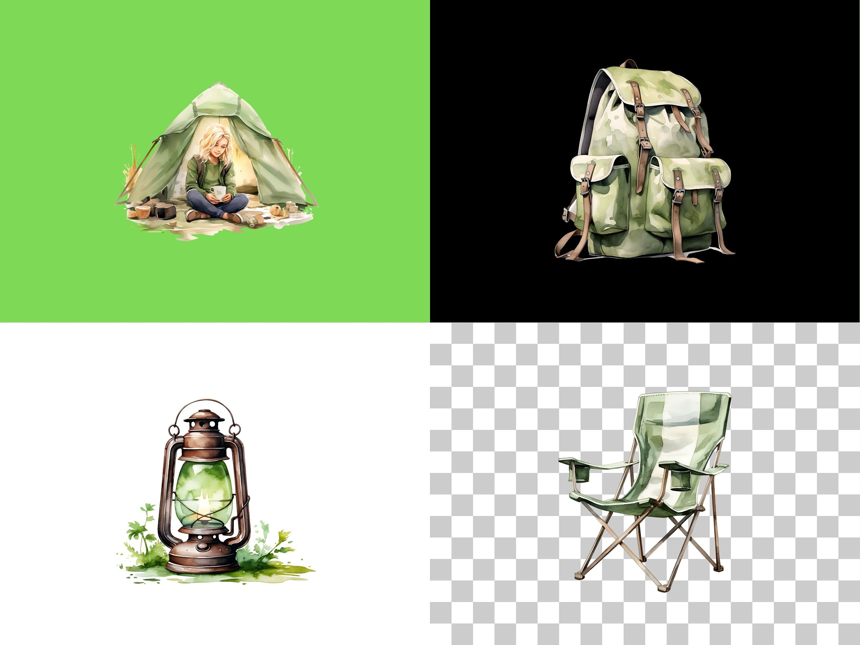 Watercolor Camping Clipart Bundle, Campfire Png Camping, Tent, Lantern ...