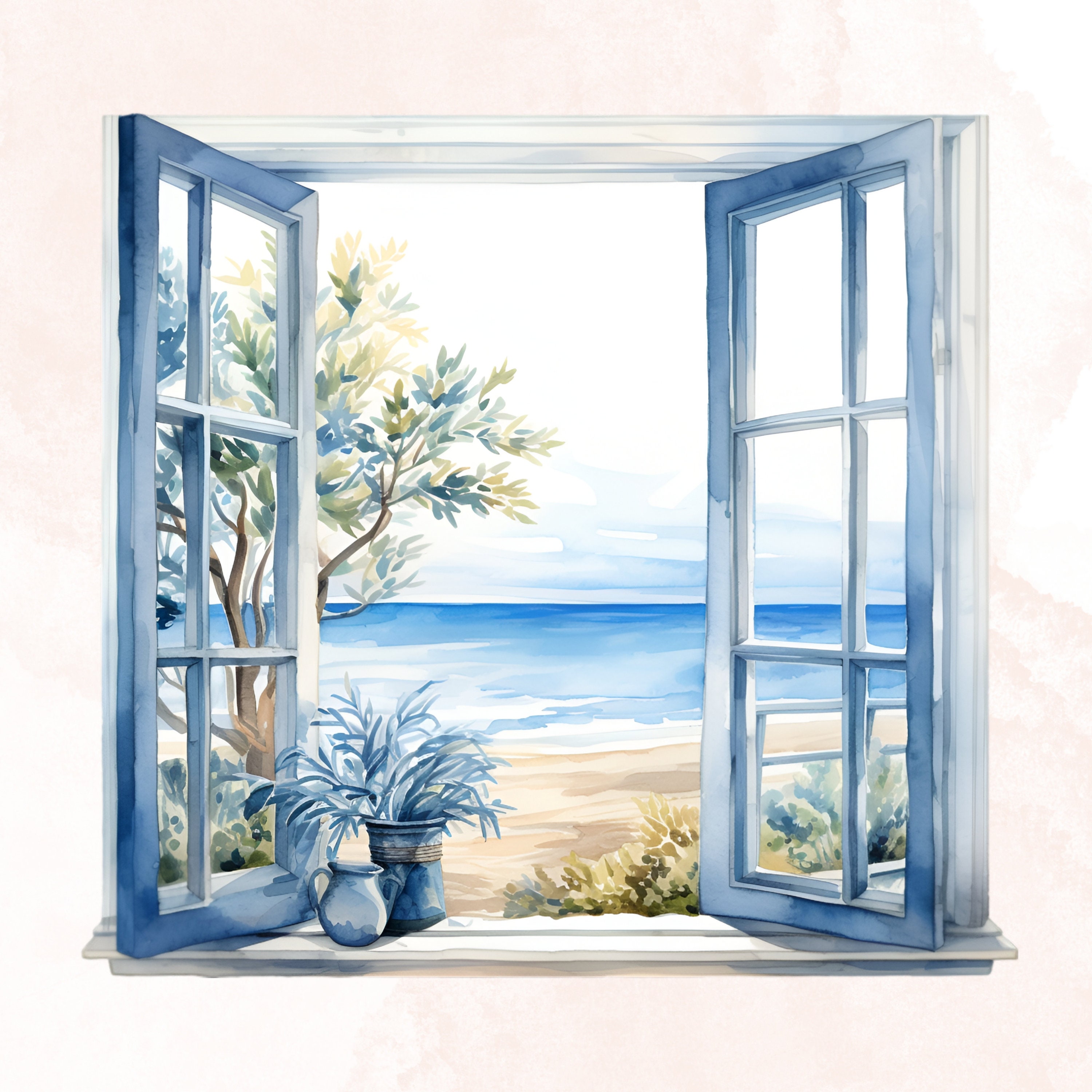 Watercolor Window Ocean View Clipart, Ocean Clipart, Window to Sea ...
