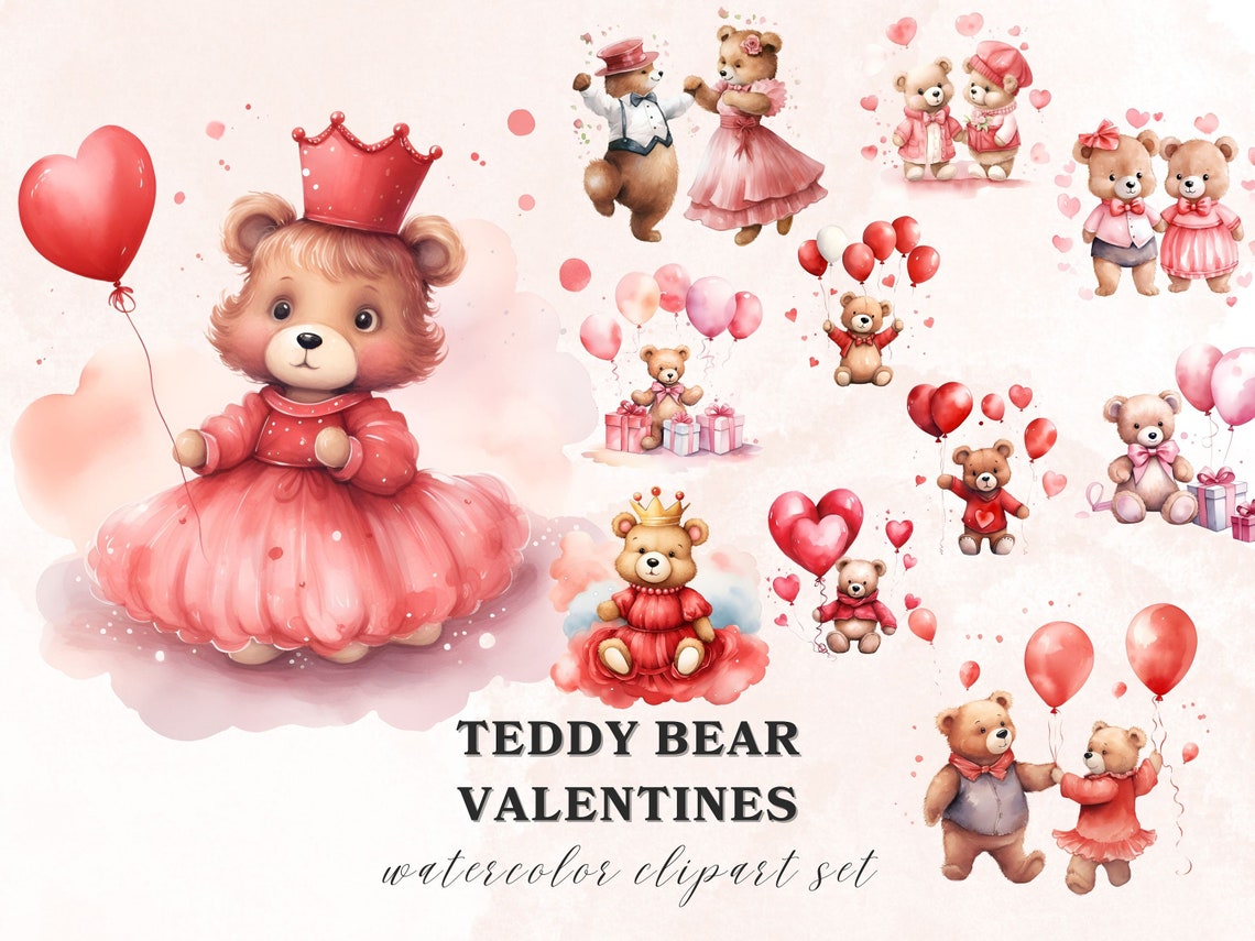 Valentines Teddy Bear Clipart, Watercolor Teddy Valentines Clipart ...