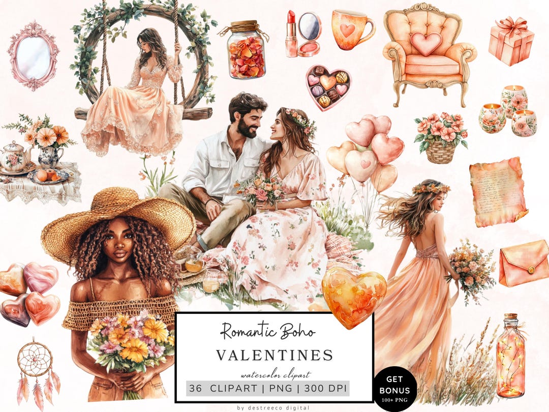 Valentines Clipart Bundle, Romantic Boho Clipart, Watercolor Couple ...