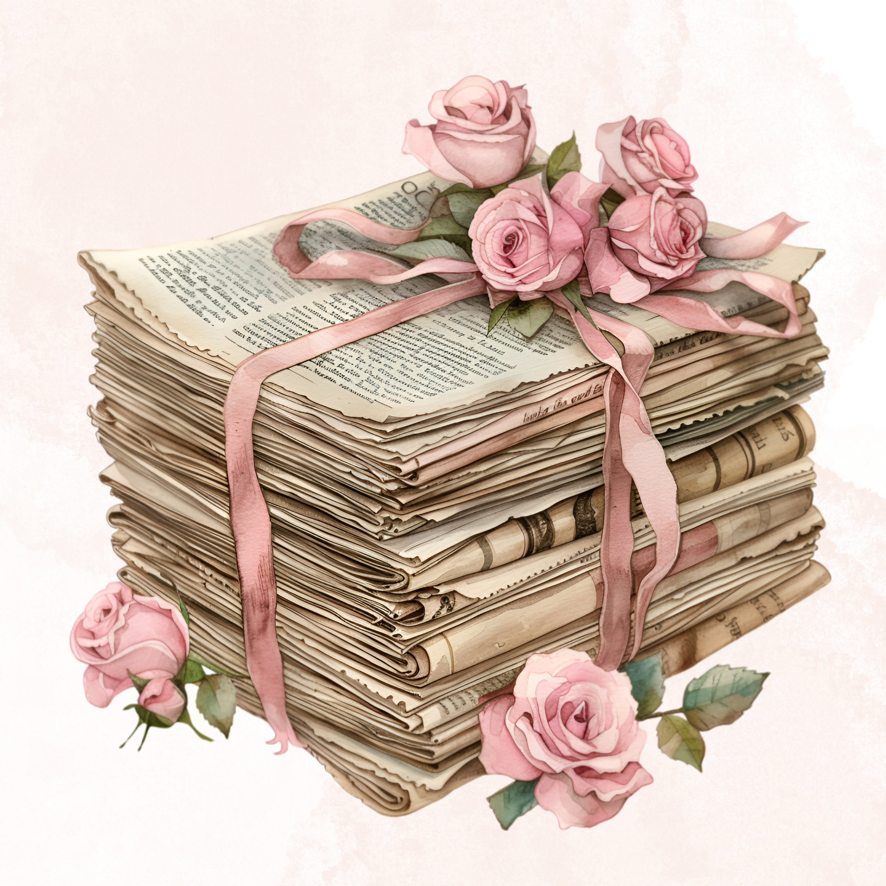 Vintage Newspaper With Pink Roses Clipart, Stacked Newspaper With Pink ...