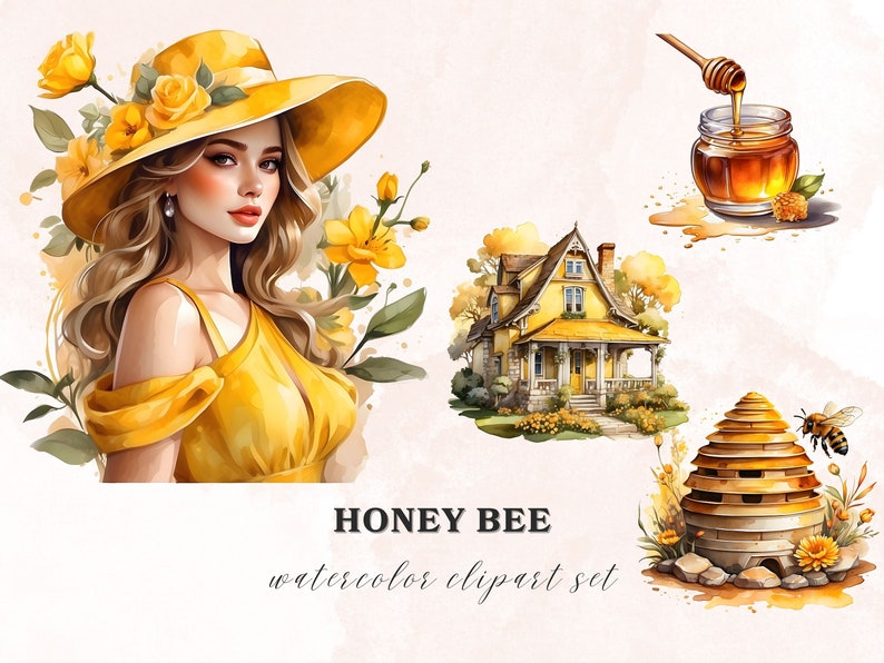 Watercolor Honey Bee Clipart Bundle, 12 Honey Lover Png Clipart, Honey ...