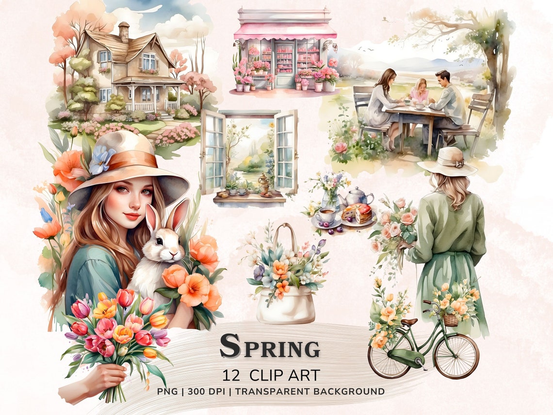 Watercolor Spring Clipart, Cozy Spring Collection Clipart Bundle ...