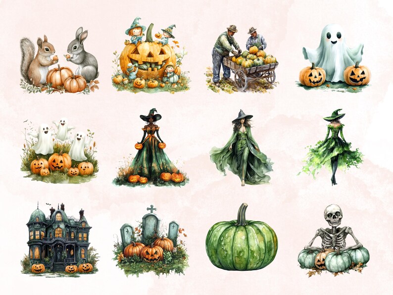 Watercolor Halloween Clipart, Pumpkin Patch Png Bundle, Cute Fall ...