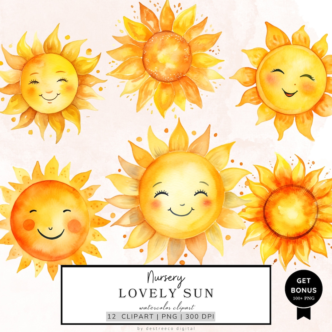 Watercolor Sun Clipart, Summer Clipart, Nursery Print, Lovely Sun, Warm ...