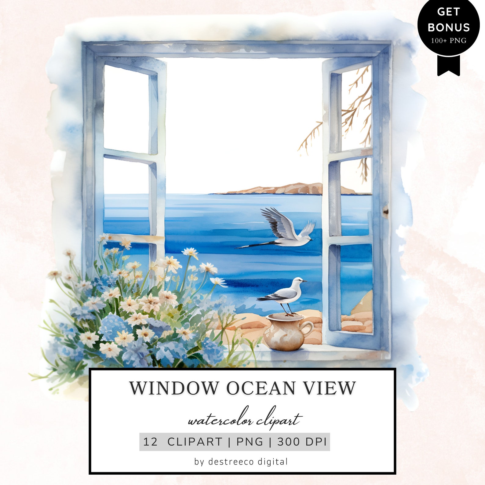 Watercolor Window Ocean View Clipart, Ocean Clipart, Window to Sea ...