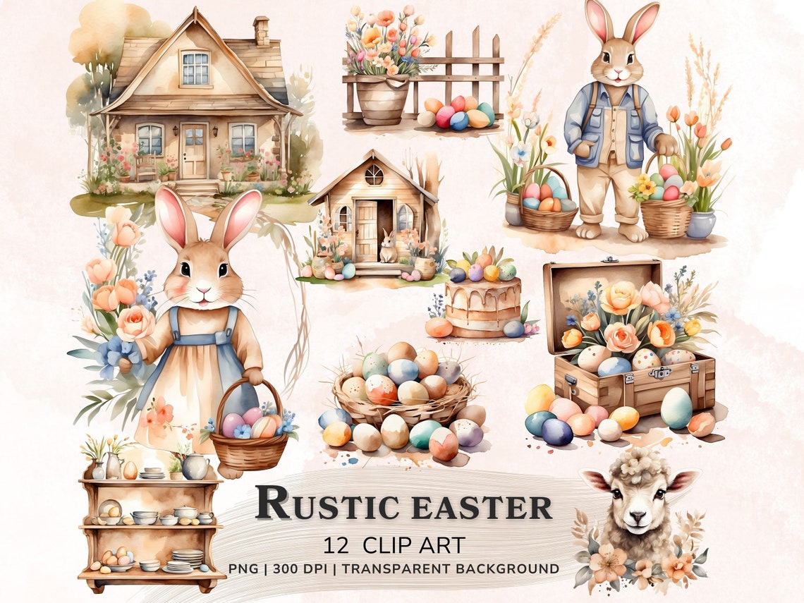 Rustic Easter Clipart, Watercolor Easter Clipart Bundle, Easter Bunny ...