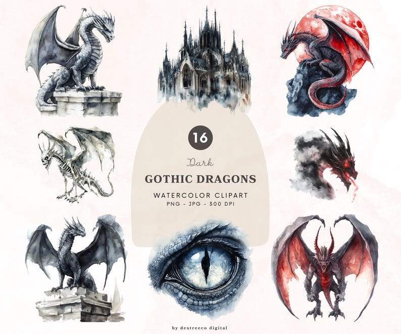 Dark Gothic Dragons Clipart, Watercolor Dragon Graphics, Magical ...