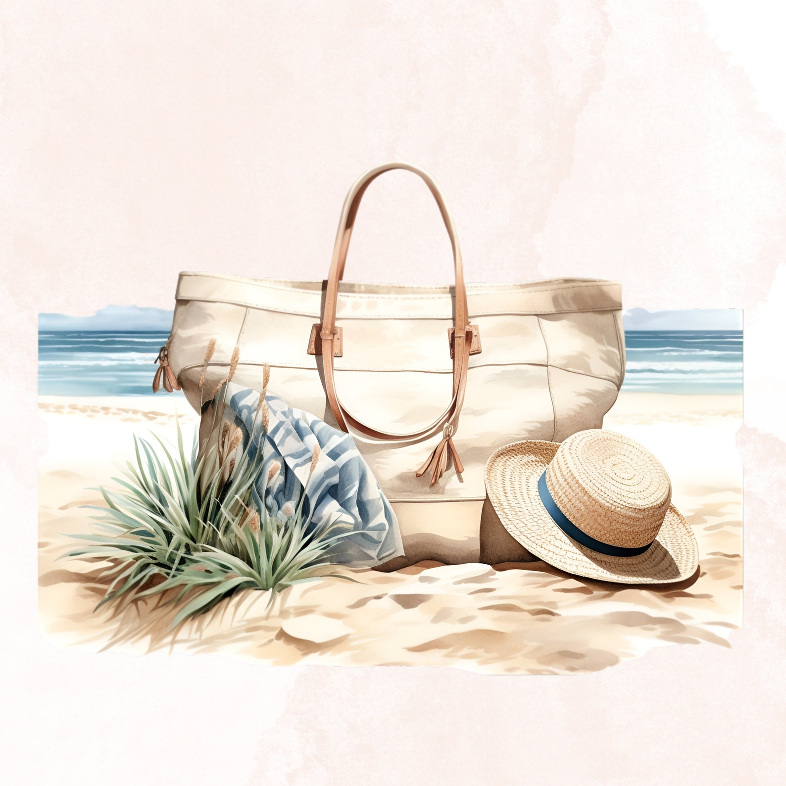 Watercolor Beach Bag Clipart, Summer Clipart Bundle, Beach Clipart ...