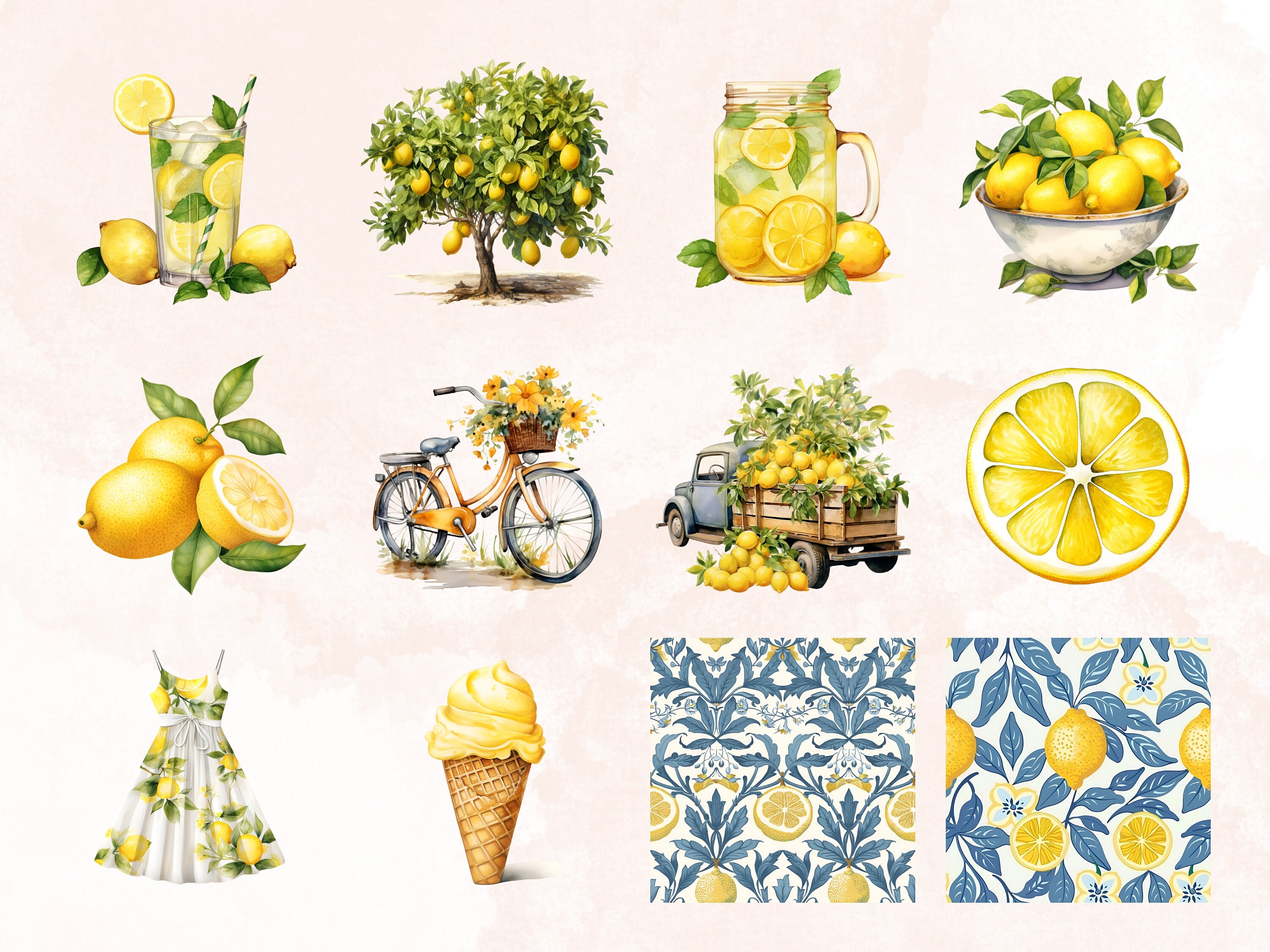 Watercolor Lemon Garden Clipart, Summer Clipart, Cottagecore Clipart ...