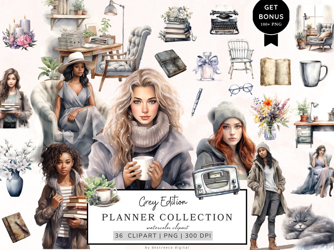 Watercolor Planner Clipart, Grey Planning Girl Clipart, Planner Lover ...