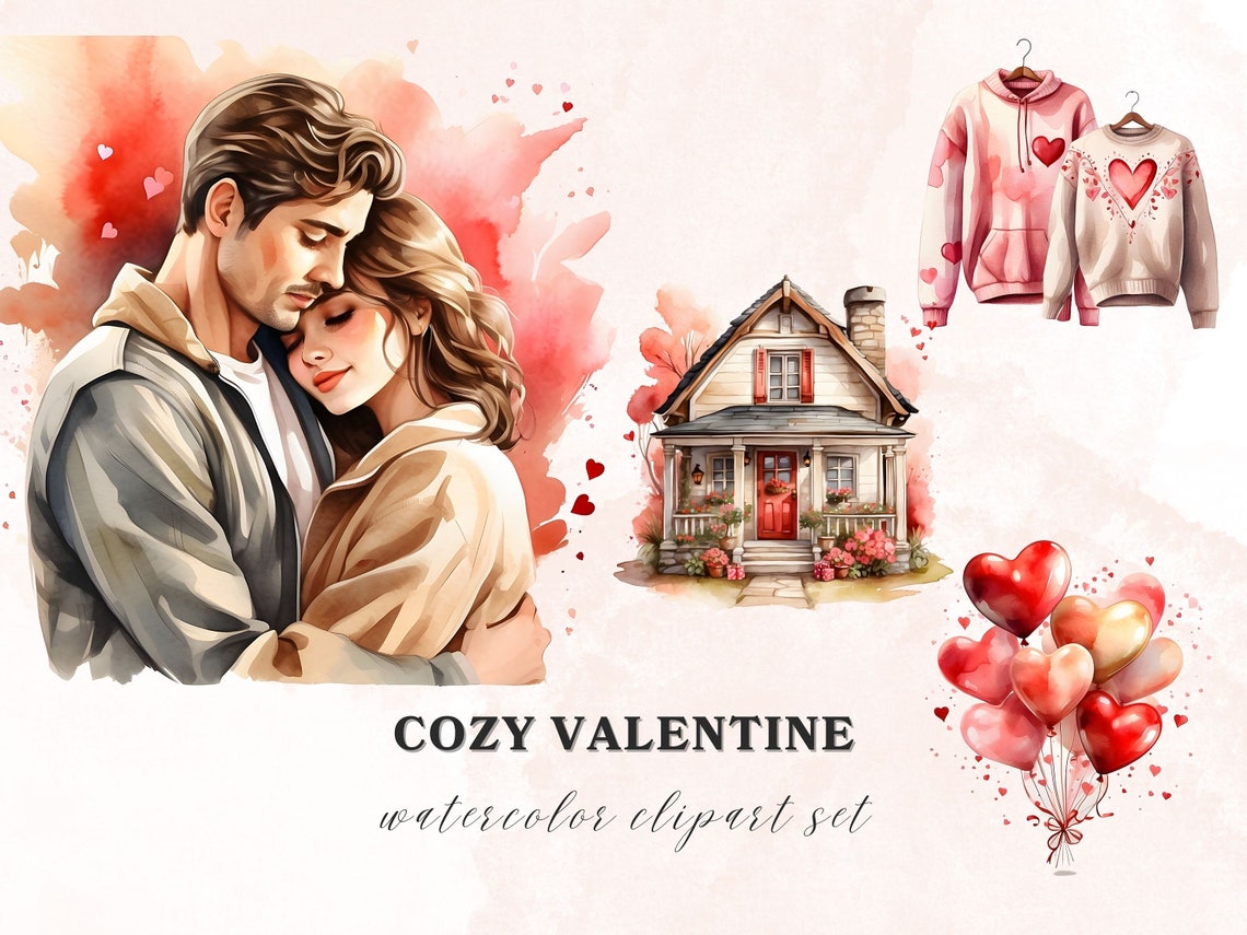 Cozy Valentines Clipart, Watercolor Valentine's Day Clipart Bundle, 12 ...
