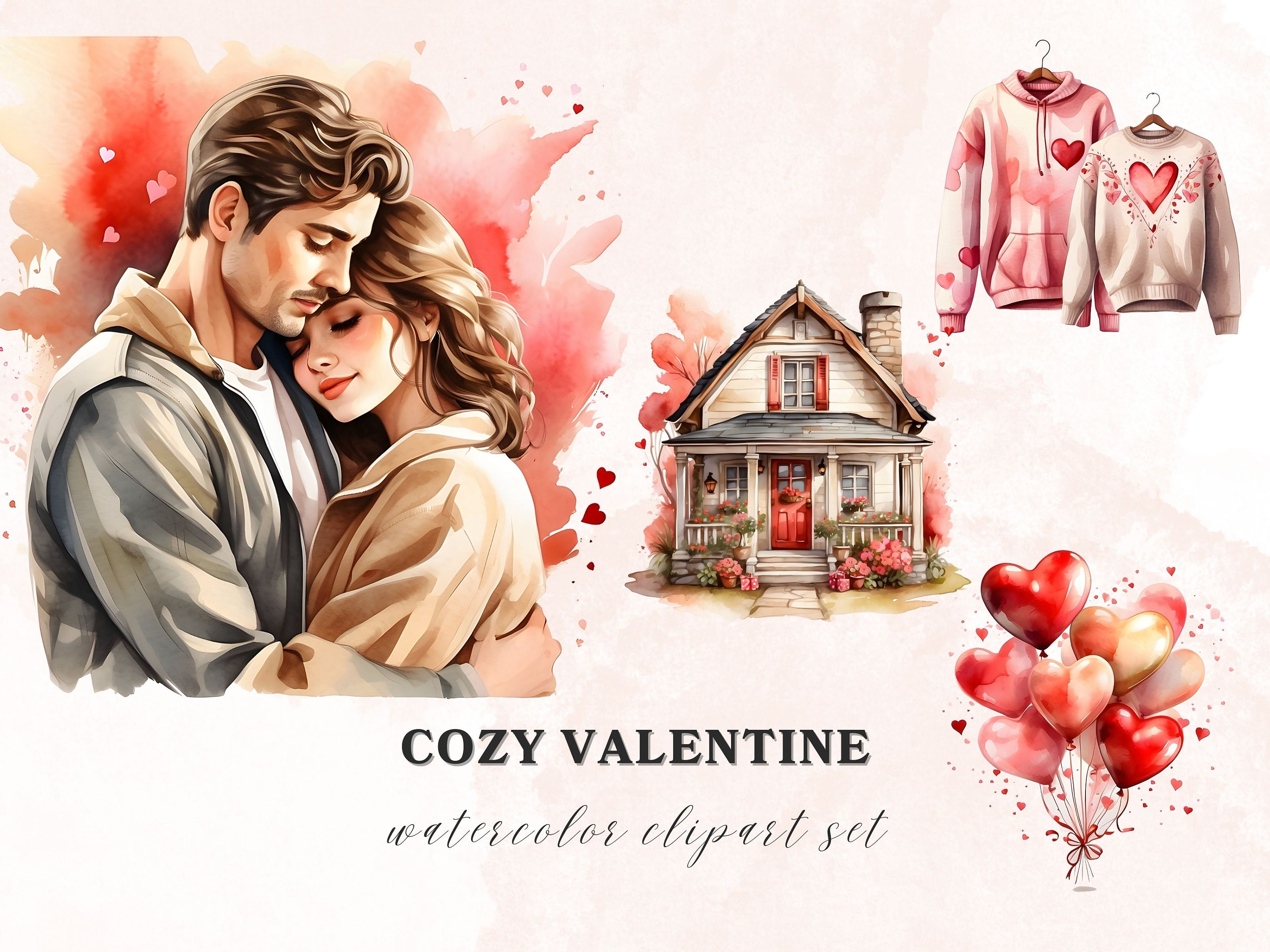 Cozy Valentines Clipart, Watercolor Valentine's Day Clipart Bundle, 12 ...