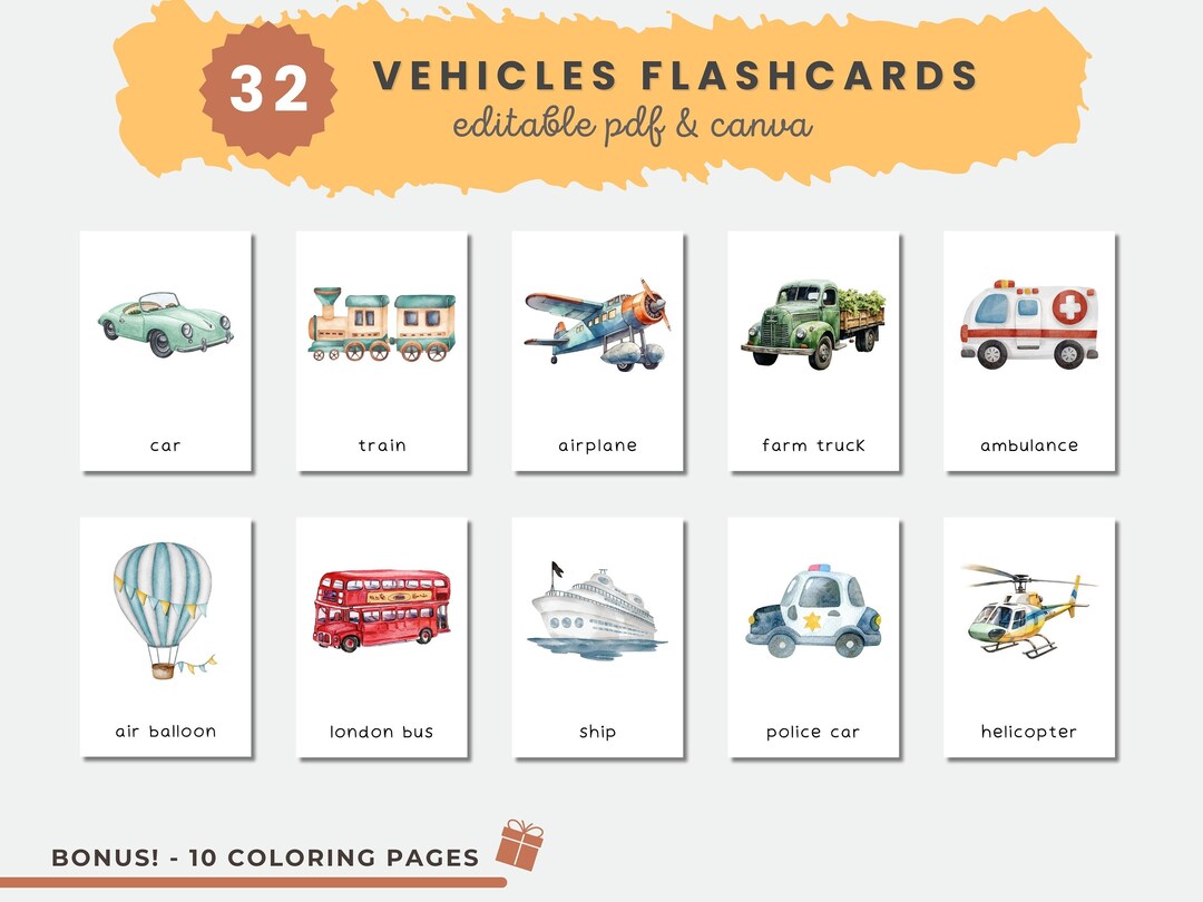 Vehicles Prints, Printable Montessori Flashcards, Toddler Cards for ...