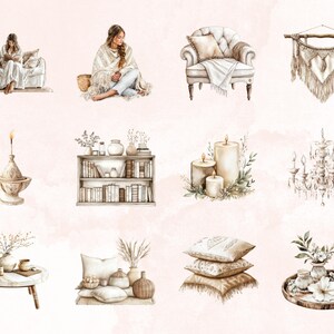 Watercolor Boho Living Clipart, Cozy Cottagecore Clipart, Boho Life Png ...
